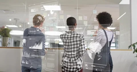 Team tapping transparent glass in tech h... | Stock Video | Pond5