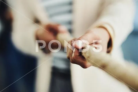 Teamwork, hands and tug and war while joining forces and pulling a rope ...