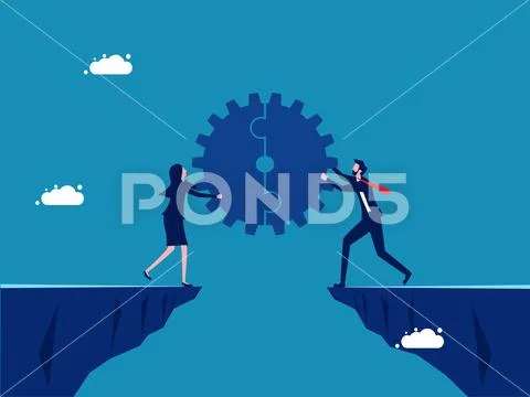 Teamwork, overcoming obstacles. People linked gears to build bridges ...