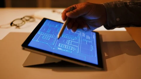 Technical drawing blueprint on touch scr... | Stock Video | Pond5
