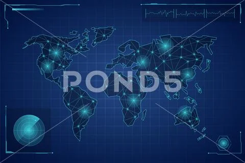 Techno world map. Digital continents with rays meredians and ocean grid ...