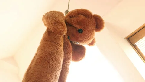A teddy bear hanging in a noose in the a... | Stock Video | Pond5