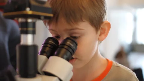 teen boy looking through a microscope at... | Stock Video | Pond5