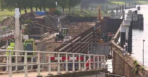 temporary steel sheet retaining wall, co... | Stock Video | Pond5