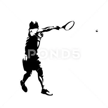 Tennis player forehand shot, isolated vector silhouette. Comic ink ...