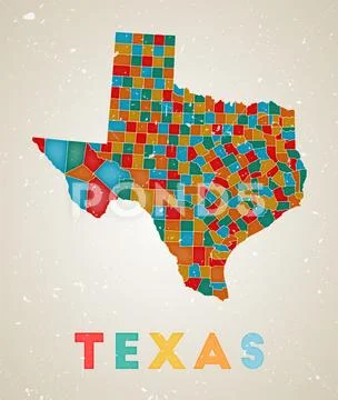 Texas map. Us state poster with colored regions. Old grunge texture ...