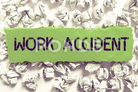 Text caption presenting Work Accident. Word for Mistake Injury happened ...