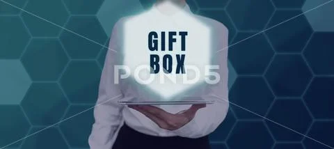 Text sign showing Gift Box. Word for A small cointainer with designs ...