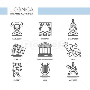 Theater- modern color vector single line design icons set: Royalty Free ...