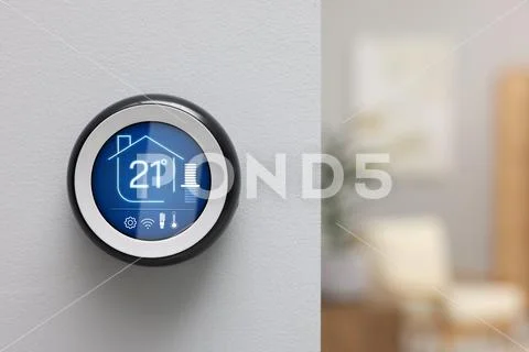 Thermostat displaying temperature in Celsius scale and different icons. Sma.. ~ Hi Res #258644538