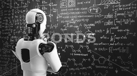 Thinking AI humanoid robot analyzing screen of mathematics formula and ...