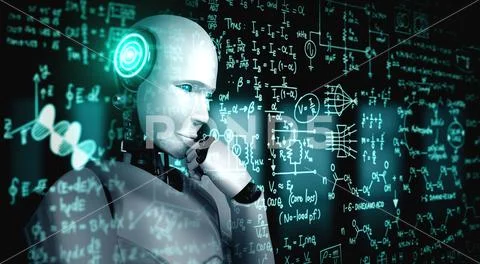 Thinking AI humanoid robot analyzing screen of mathematics formula and ...