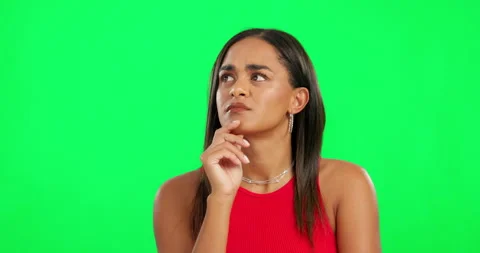 Thinking, face and green screen woman pl... | Stock Video | Pond5