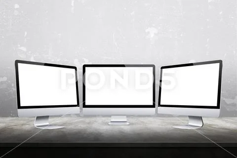 Three computer displays with isolated white screen for mockup ~ Hi Res #104058223
