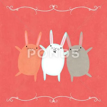 Three dancing rabbits on a pink background ~ Clip Art #45278179
