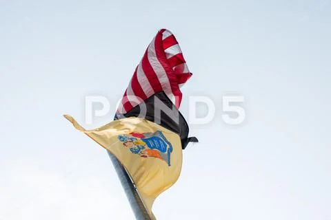 Three Flags Flying in a Grey Sky, One Being a United States Flag Stock ...