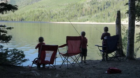 Three little brothers fishing in a lake. | Stock Video | Pond5