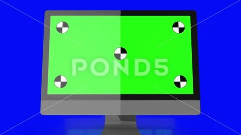 Three Modern computers with green screen, isolated on blue background ...