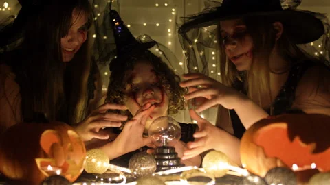 Three teenage girls dressed as witches w... | Stock Video | Pond5