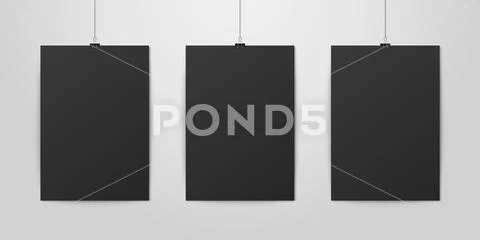 Three Vector Realistic Black Blank Vertical A4 Paper Poster Hanging on ...