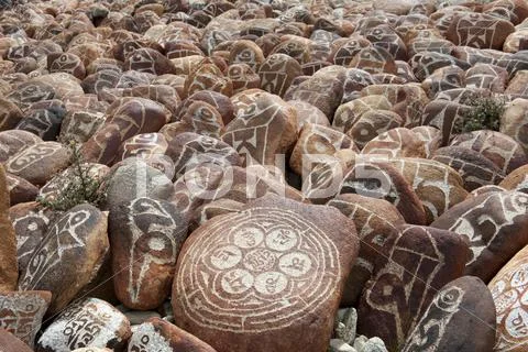Tibetan buddhism, mani stones with tibetan script, former monastery of ...