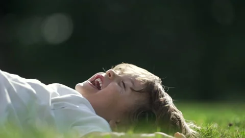 Tickling one happy young boy lying on gr... | Stock Video | Pond5