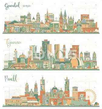 Tijuana, Puebla and Guadalajara Mexico City Skyline Set.: Royalty Free ...