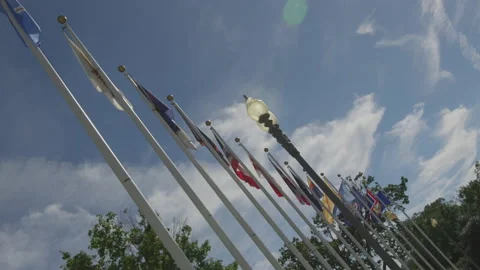 Tilted Angle of Many Different Flags Fly... | Stock Video | Pond5