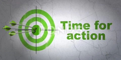 Timeline concept: target and Time For Action on wall background ...