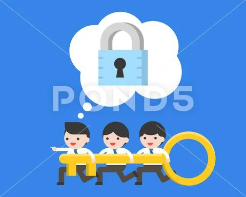Tiny Businessman and team holding key, looking for lock to unlock ...