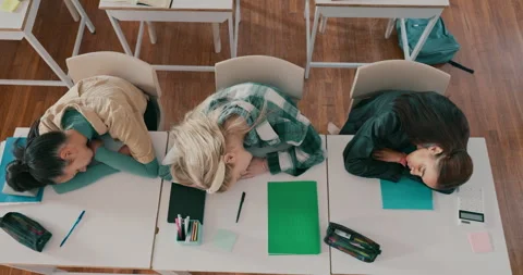 Tired, sleeping and top view of students... | Stock Video | Pond5