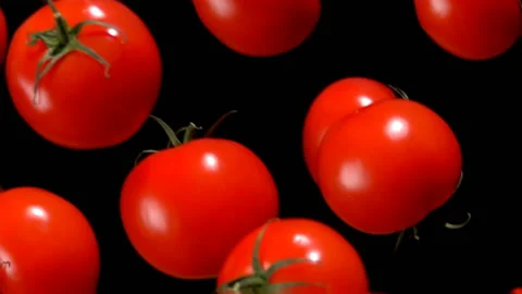 Tomatoes are falling down on on a black ... | Stock Video | Pond5