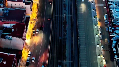 Top-Down Aerial Flight Over Train & Cars... | Stock Video | Pond5