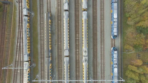 Top down aerial of trains parked on trai... | Stock Video | Pond5