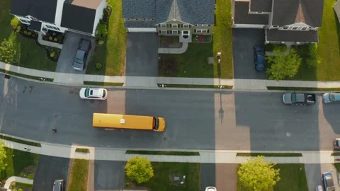 Top down aerial of yellow school bus pic... | Stock Video | Pond5