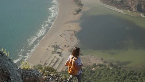 top down rear view hiker woman stands on... | Stock Video | Pond5