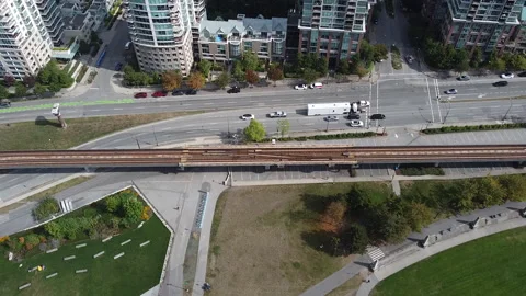 Top down view of subway tracks, highway ... | Stock Video | Pond5