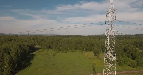 Top view, AERIAL: power lines. Electric ... | Stock Video | Pond5