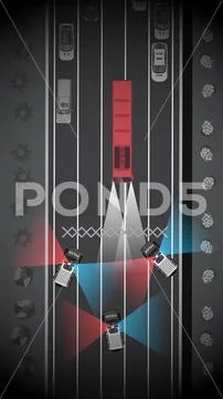 Top view of chase scene police car and bus with road spike on multiple ...