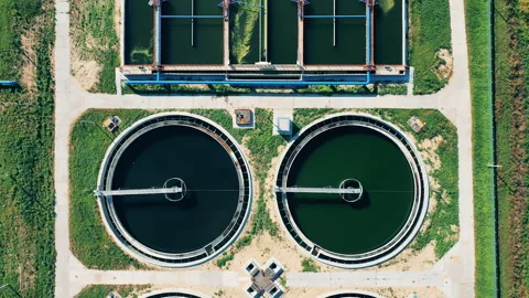Top view of circular clarifiers located ... | Stock Video | Pond5