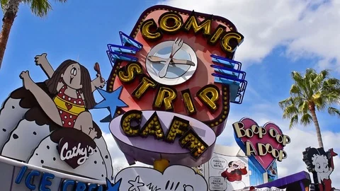 Top view of Comic Strip Cafe sign at Uni... | Stock Video | Pond5