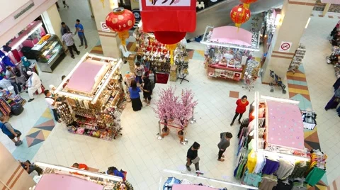 Top view decorated stalls in mall atrium... | Stock Video | Pond5
