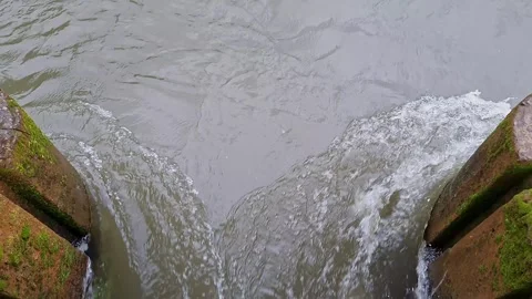 Top view of flood water flowing rapidly ... | Stock Video | Pond5
