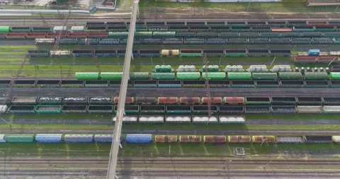 Top view of freight trains at a railway ... | Stock Video | Pond5