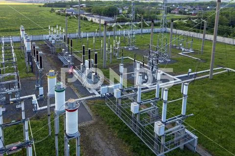 Top view of a high voltage substation with switches and disconnectors ...