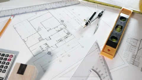 Top view of house plan blueprint paper w... | Stock Video | Pond5