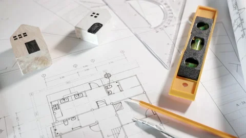 Top view of house plan blueprint paper w... | Stock Video | Pond5