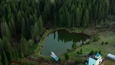 Top view of house of small lake in fores... | Stock Video | Pond5