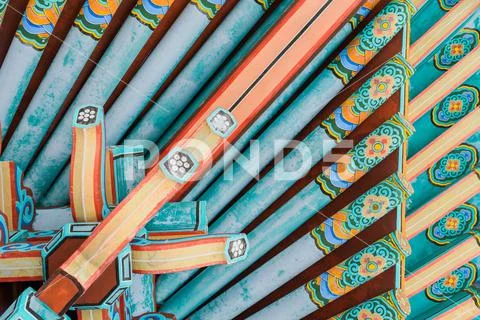 Top view of Korean church roof corner with Asian design ~ Hi Res #196522798