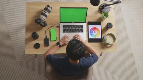 Top View Of A Male Video Editor Looking ... | Stock Video | Pond5